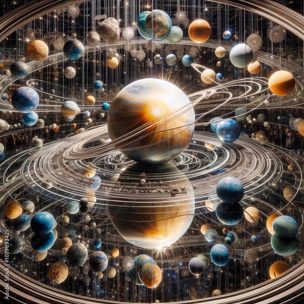 Mirrors reflect a detailed solar system with planets orbiting in Stock ...