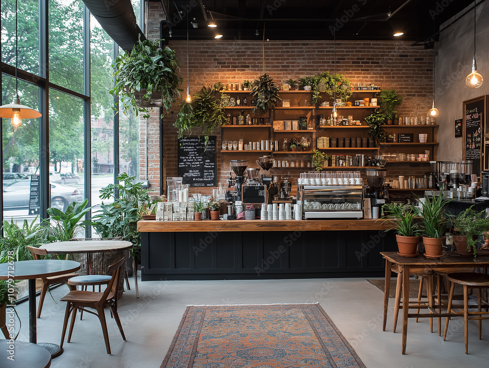 Urban Coffee Shop Oasis: A trendy cafe interior showcasing rustic-chic ...