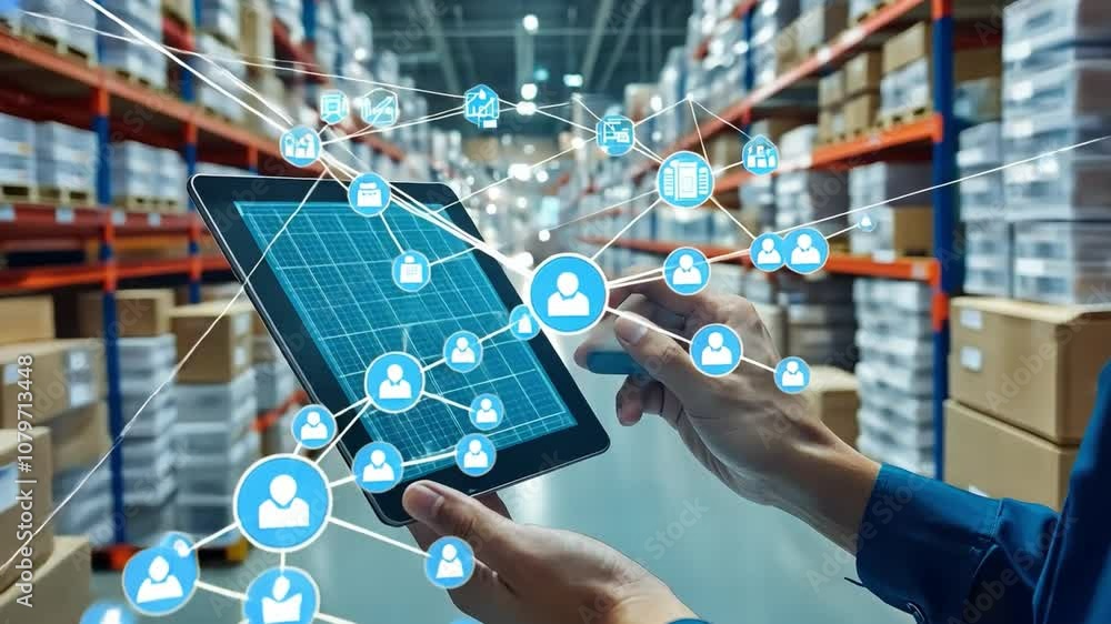 Connected Supply Chain: A worker in a warehouse uses a tablet to manage ...