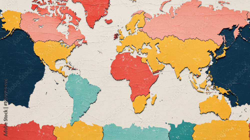 Globalization Trade War Concept. A colorful world map featuring various ...