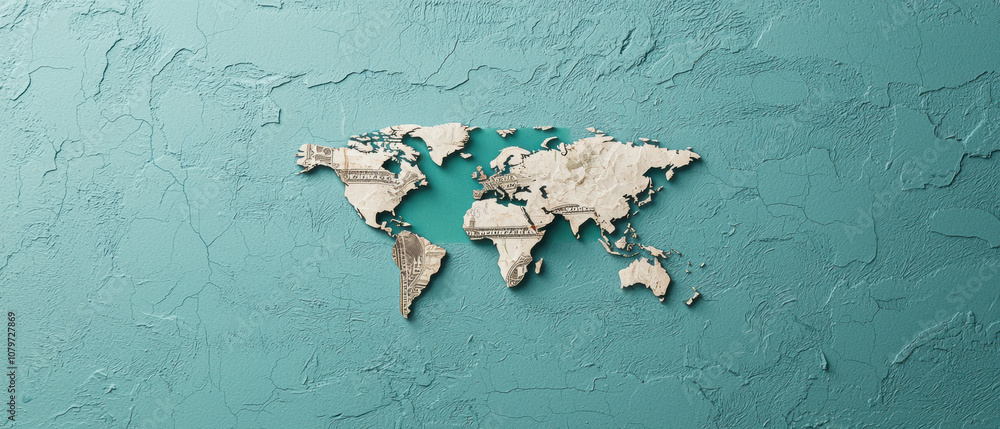 Globalization Trade War Concept. A textured teal background features a ...