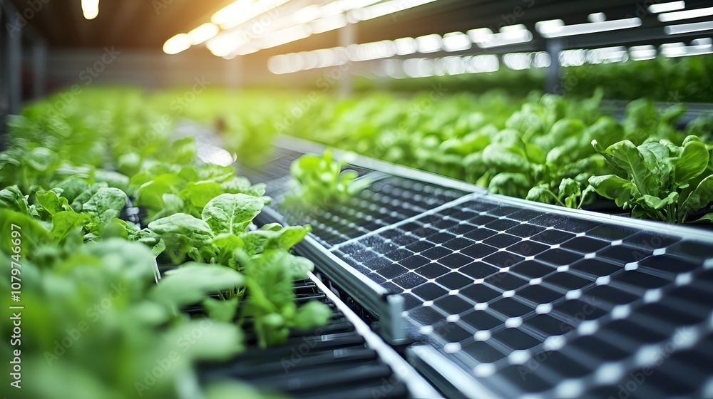 A solar-powered vertical farm using solar panels to provide energy for ...