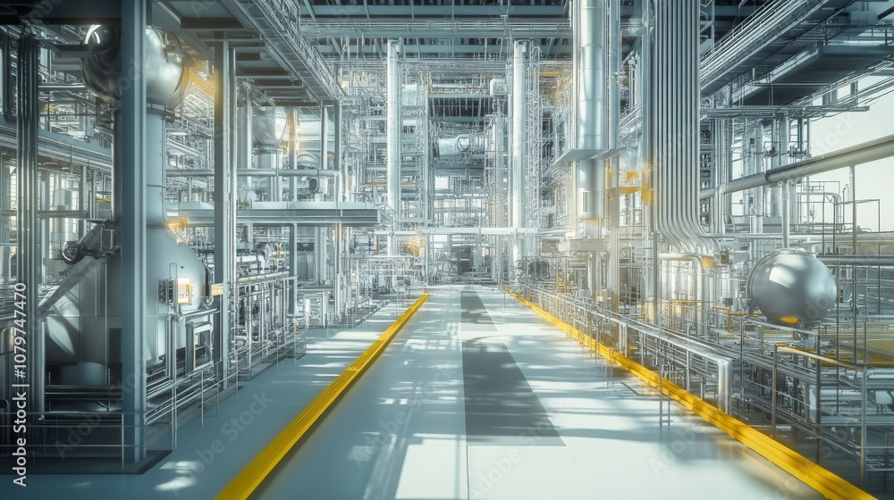 A modern industrial facility with an extensive network of pipes ...