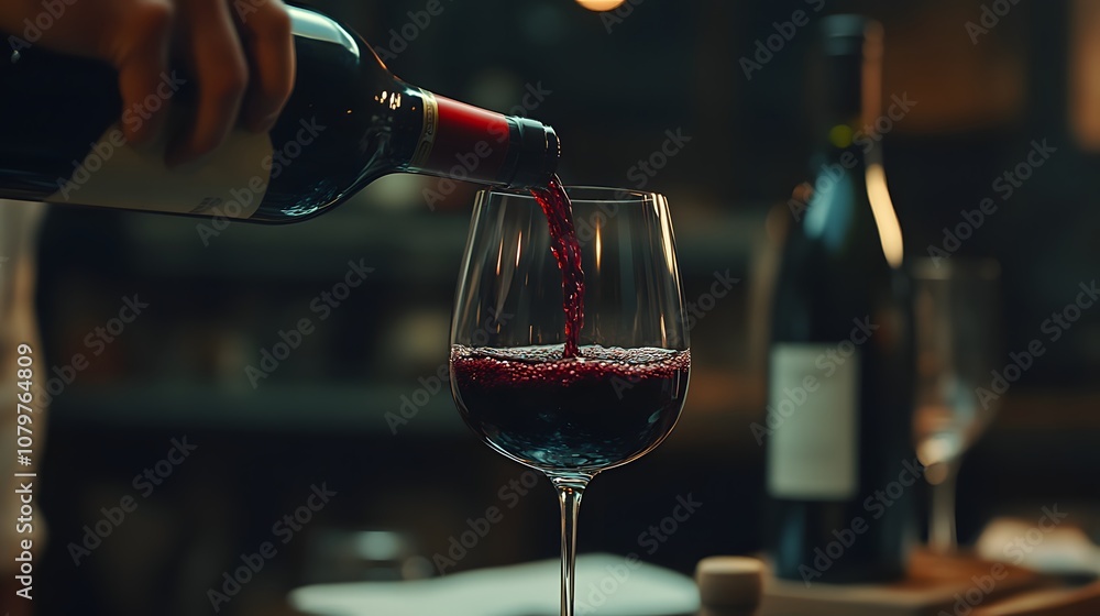 A sommelier pouring a glass of red wine, the rich color of the wine ...