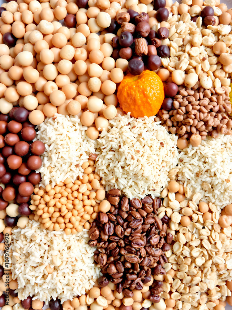 Large healthy cereal and seed set as beans, rice, buckwheat, quinoa ...