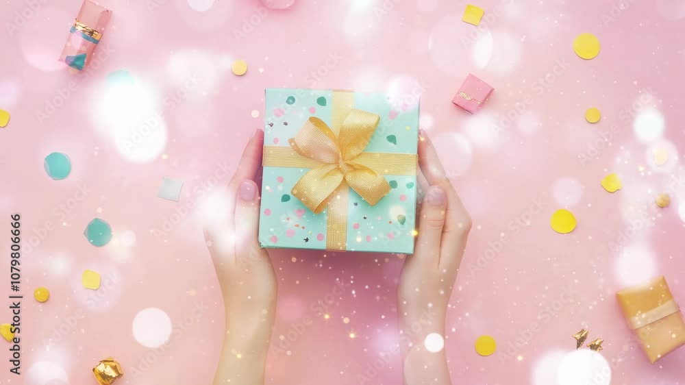 Hands Holding Decorative Gift Box with Golden Ribbon Background ...