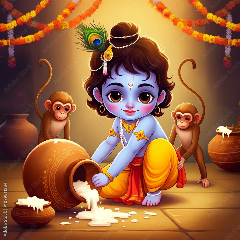 Young Lord Krishna is shown delightfully playing with a pot of butter ...
