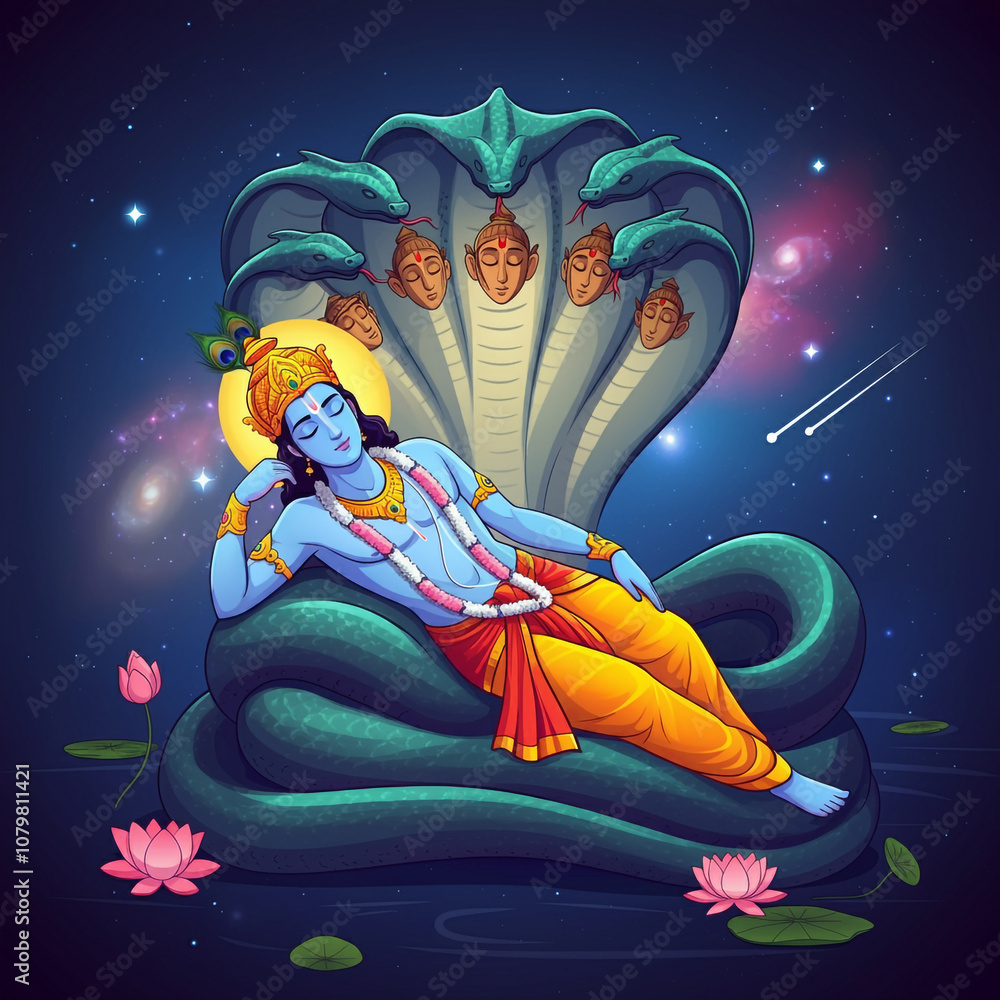 Lord Vishnu is seen resting peacefully on Sheshnag, the divine serpent ...