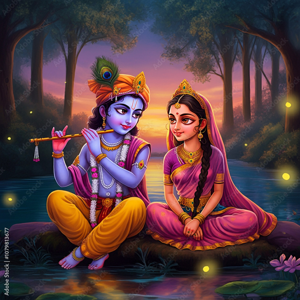 Radha and Krishna sitting together in a peaceful forest illuminated by ...
