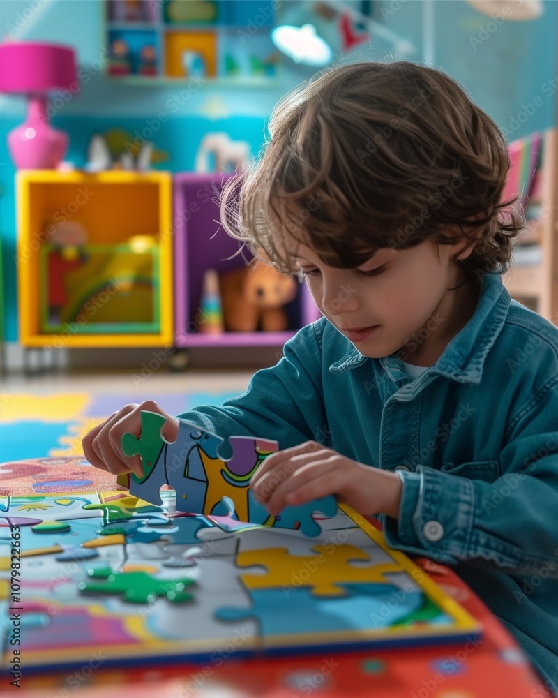 Child discovering shapes and patterns with a puzzle board, focused on ...