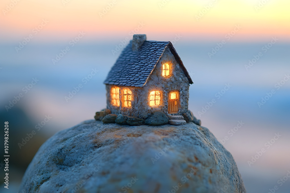 House built on rock and sand with beach background, a concept of gospel ...