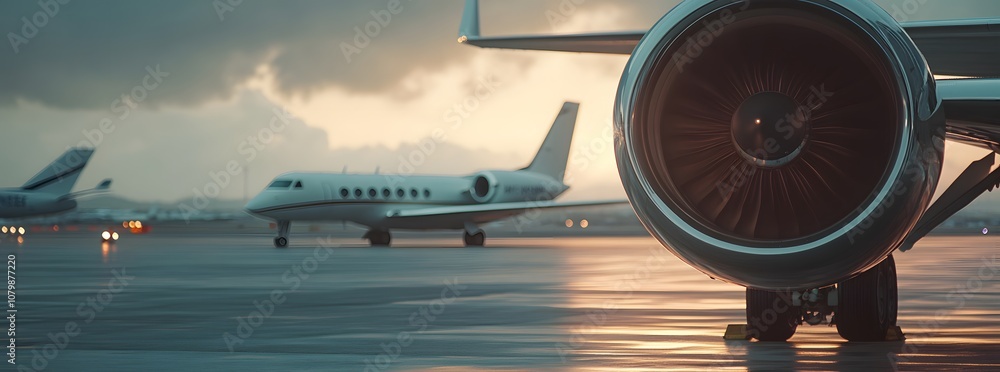 Close-up of a private jet engine on an airport runway, with other ...
