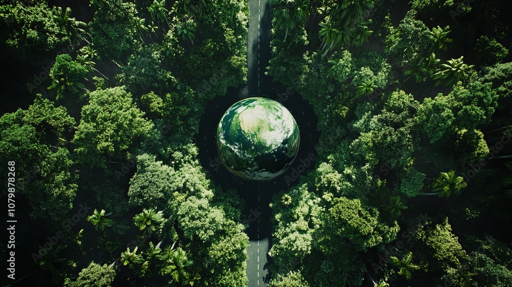 Top view of a dense tropical rainforest with an asphalt road cutting ...