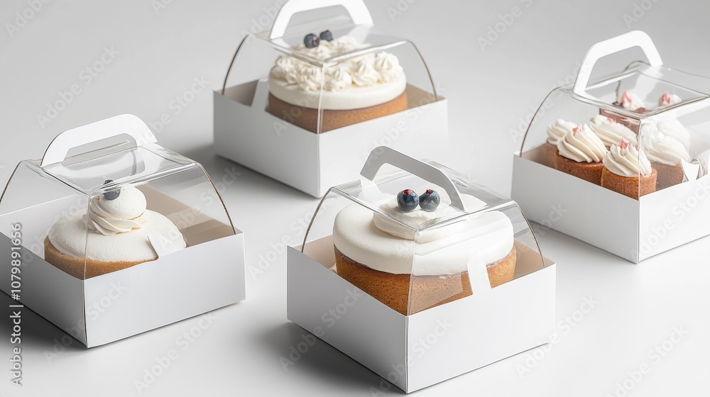 40.A detailed set of cardboard cake boxes, each featuring a clear ...