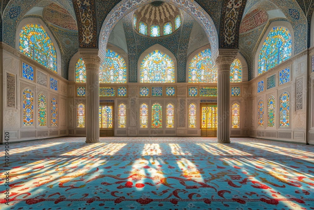 Interior view of a mosque with intricate stained glass windows and ...