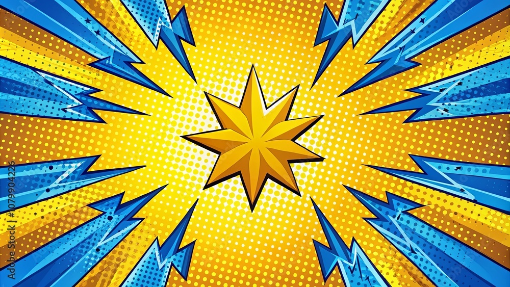 A radiant yellow starburst with a bright blue lightning pattern ...