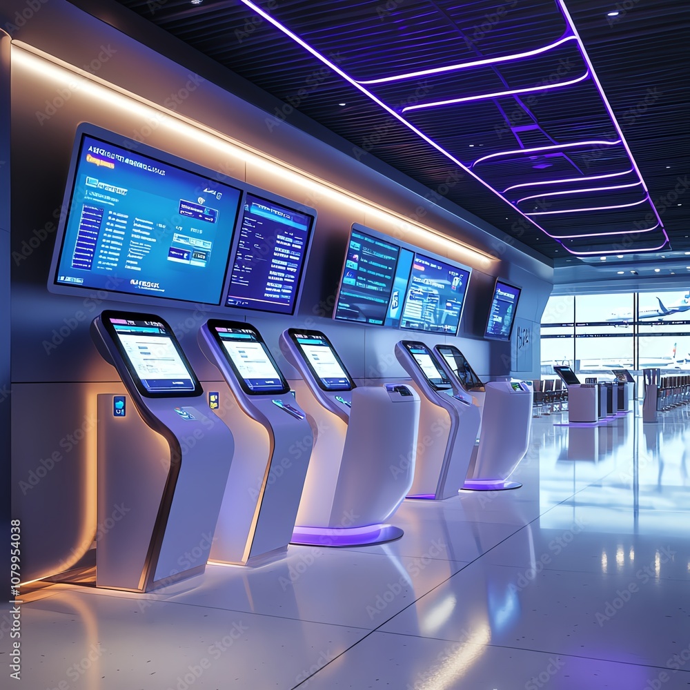 Airline checkin counter with selfservice kiosks and futuristic screens ...