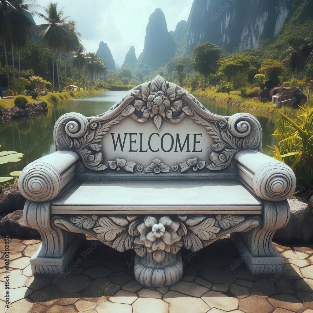 Stone Bench A stone bench with Welcome carved into its seat plac Stock ...