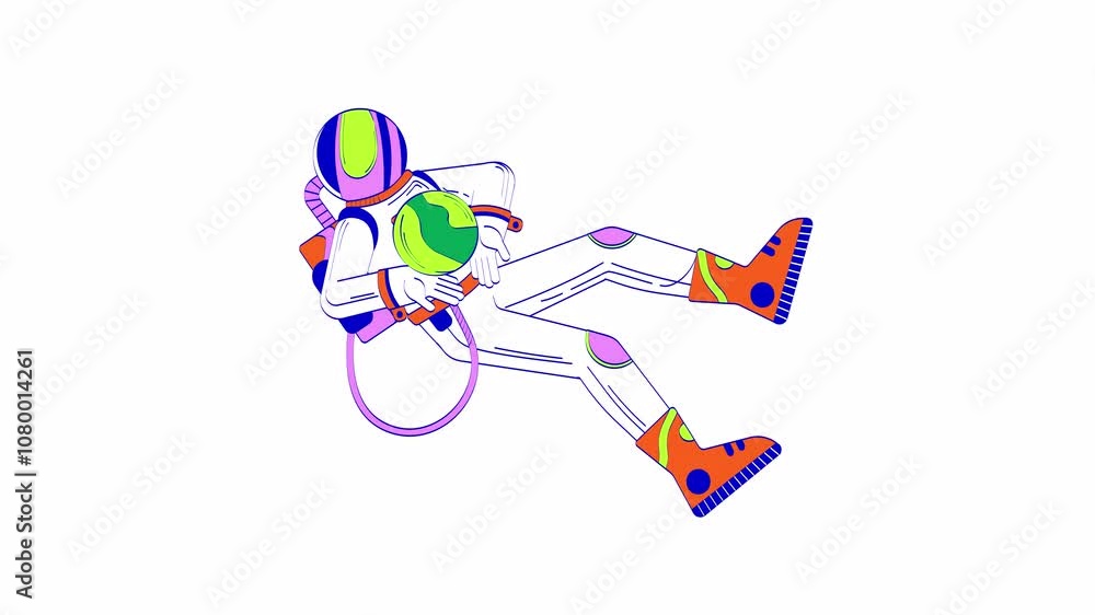 Zero gravity astronaut holding planet 2D character doodle animation ...