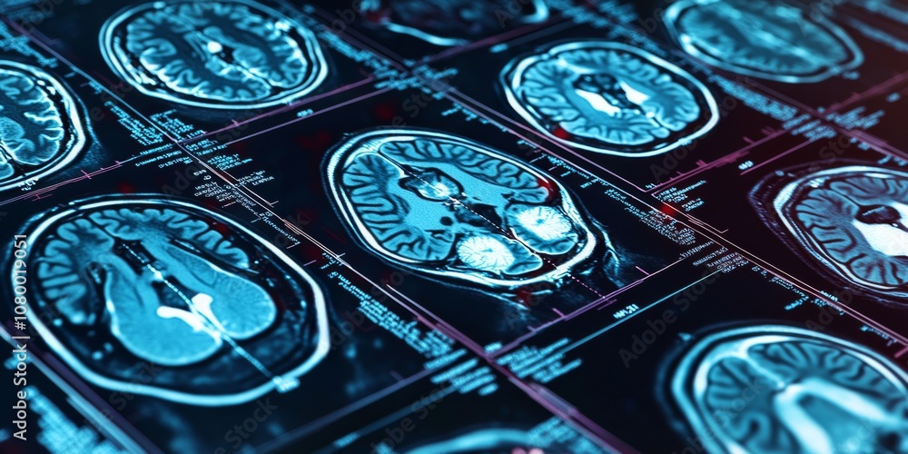 Brain MRI scans in grid pattern with blue overlay on black background ...