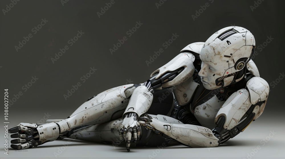 Stunning Full Body Humanoid Robot In A Kneeling Pose With Remarkable Facial Expressions And
