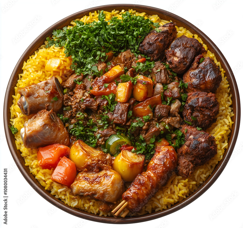 round bowl of Saudi Kabsa, featuring rice with meat and vegetables. The ...