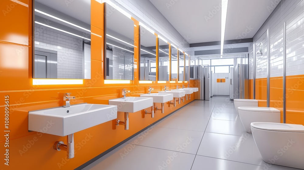 Bright, energy-efficient public washroom layout, row of mirrors and ...