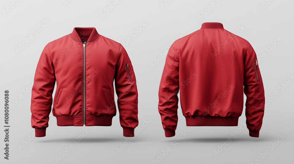 Two red bomber jackets, designed for both men and women, are shown in a ...
