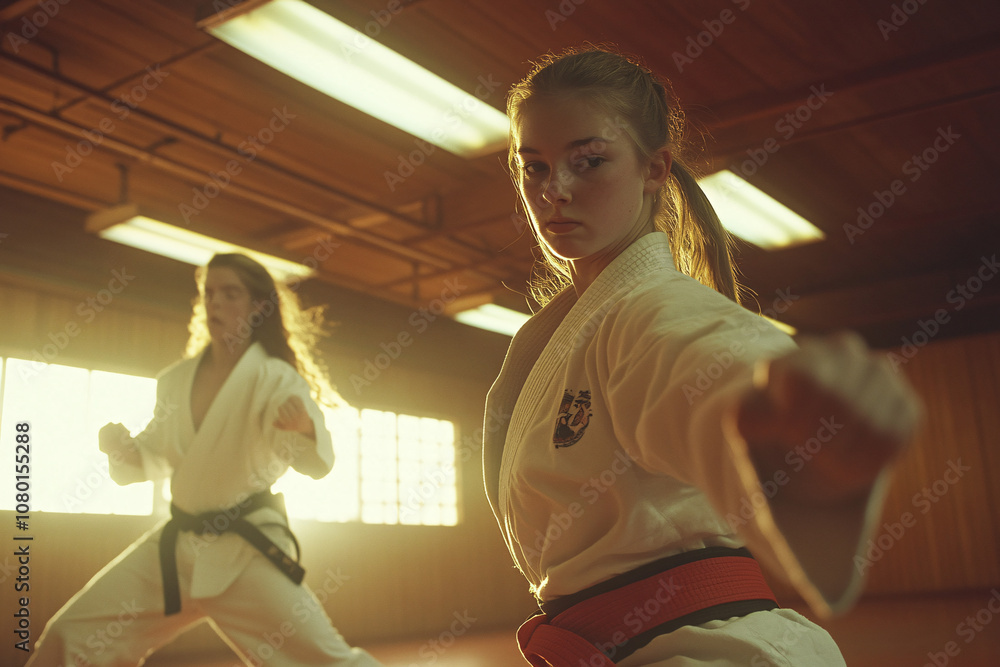 Two young girls practice karate in a dojo, focused and determined, with ...