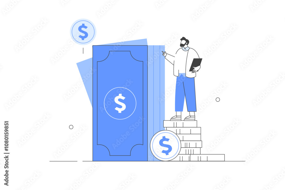 Payment methods. Character paying cash with banknotes and online by ...