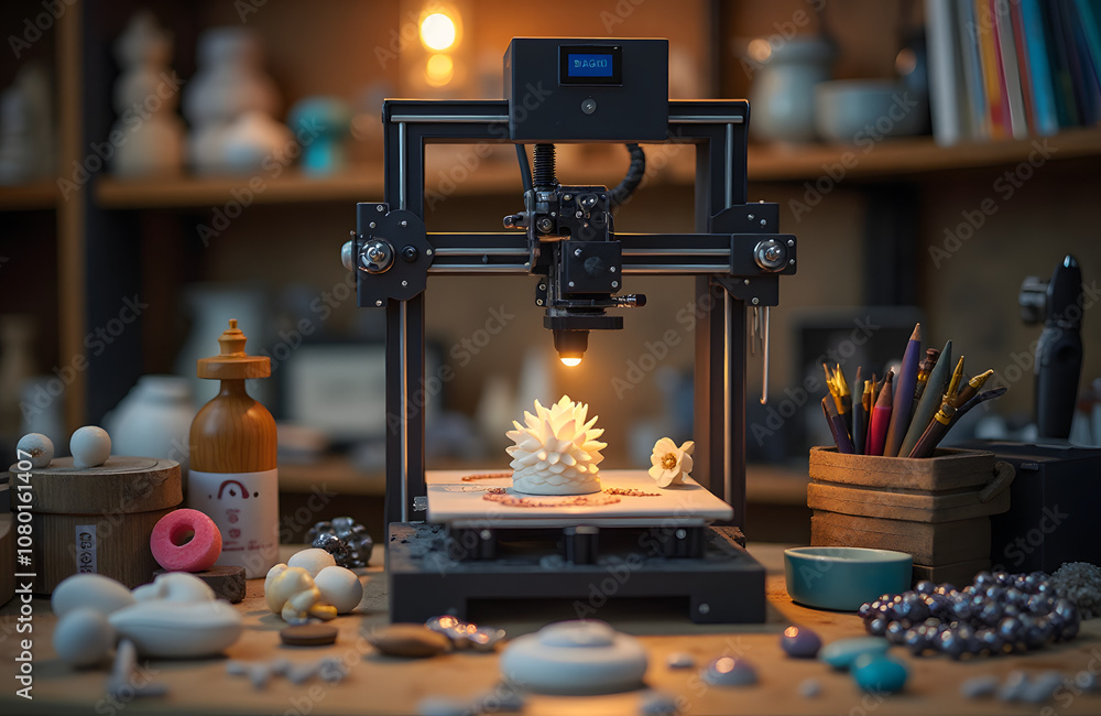 3D printing innovation, a 3D printer creating a complex object, a ...