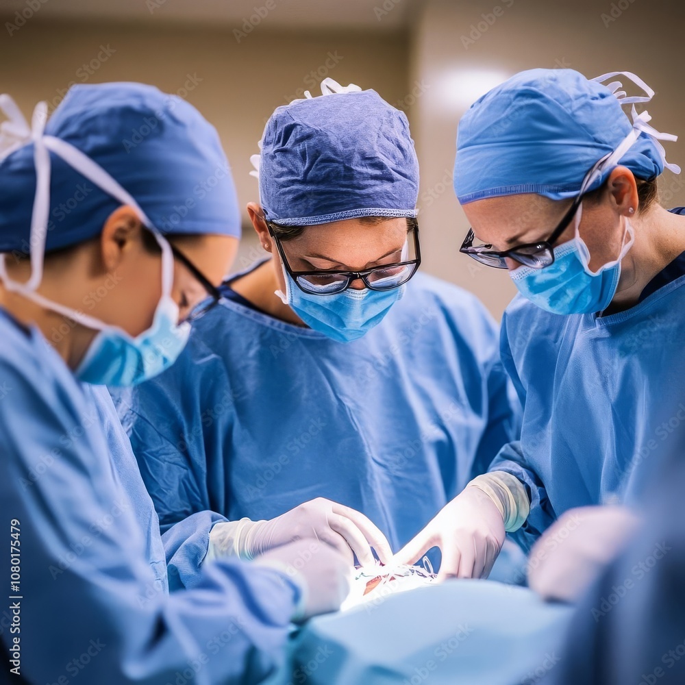 Surgeon and assistants closing a surgical incision, teamwork and ...