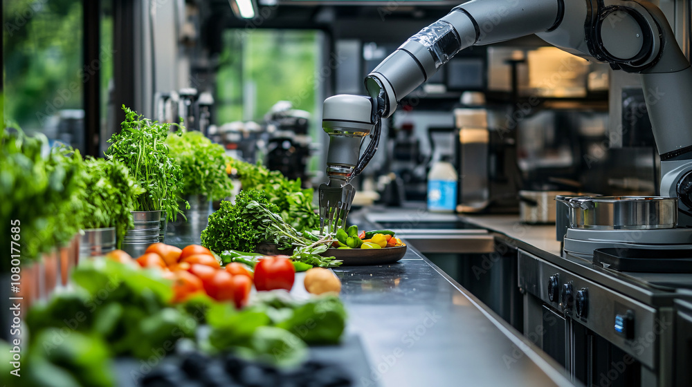 Clean, modern kitchen with robotic arms preparing a gourmet meal ...