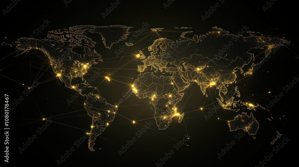 A glowing world map displaying networks linking continents with bright connection points, set on ...