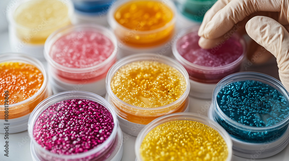 Scientist in a modern lab inspecting petri dishes with colorful ...