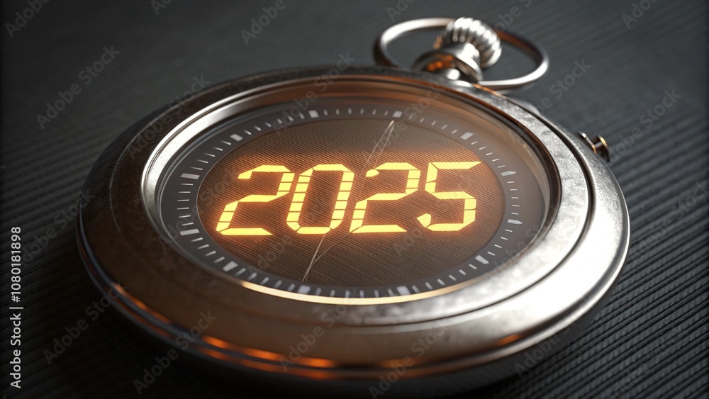 Photo & Art Print A sleek metallic watch face displaying the New Year ...