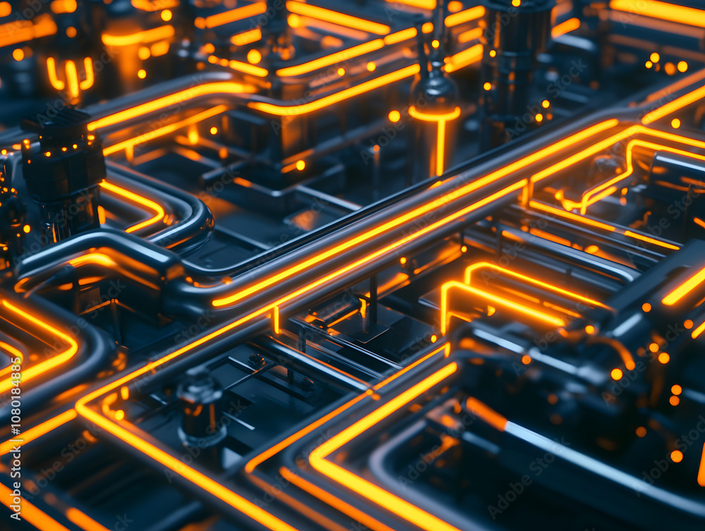 Futuristic fuel processing plant with sleek machinery and glowing pipes. intricate network of ...