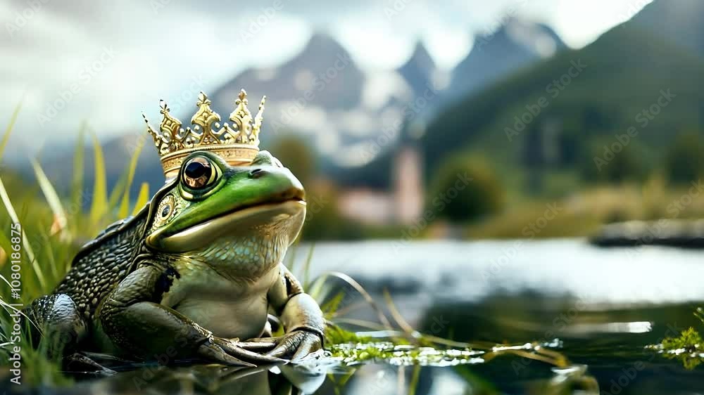 A frog prince wearing crown with blurred fairy tale castle, Mountains ...
