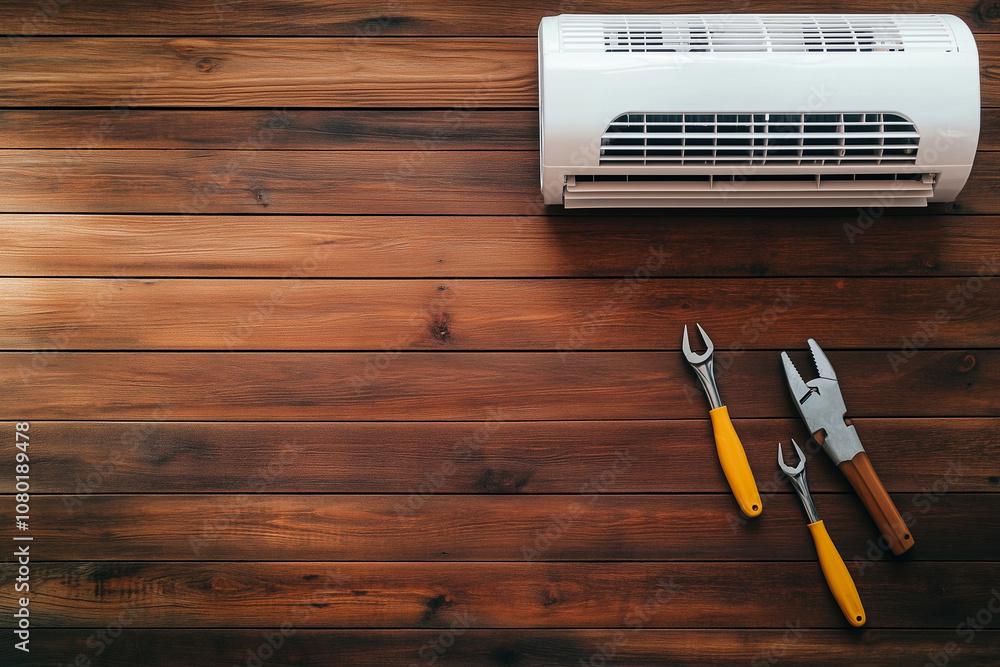 Air conditioner and work tools on workbench background, air conditioner ...