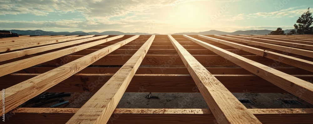 Close-up of wooden boards being installed on an elevated deck frame ...