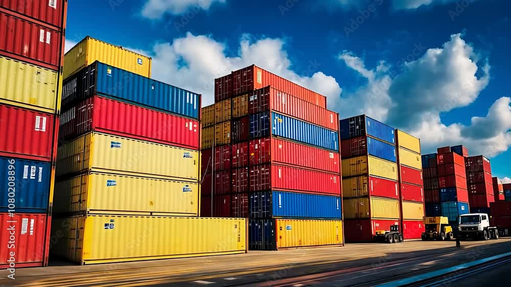 Stacked Shipping Containers in a Busy Port Yard Stock Video | Adobe Stock