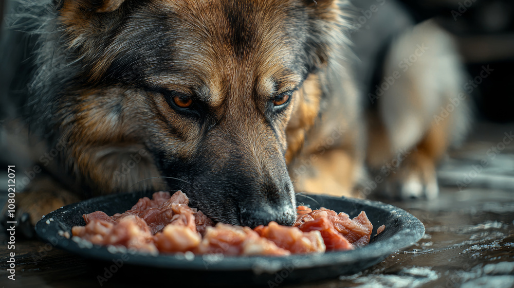 dog eagerly eating raw meat from black plate, showcasing its focused ...
