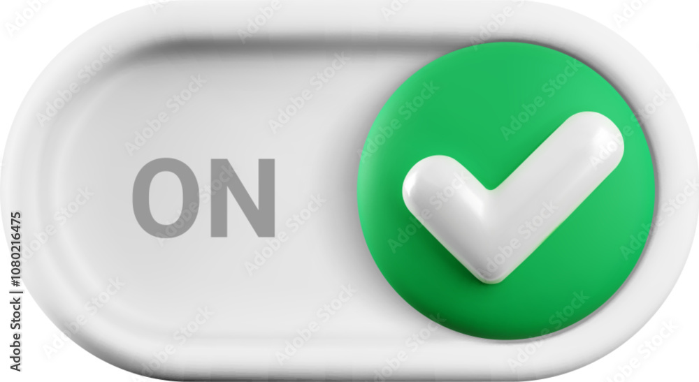 Vector cartoon 3d turn on switch button. Cute realistic 3d white toggle switch slider with green ...