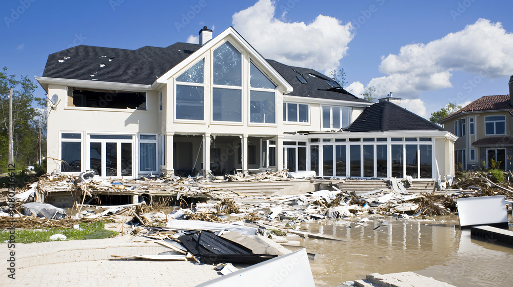 a severely flood-damaged house with broken windows, debris, and water ...