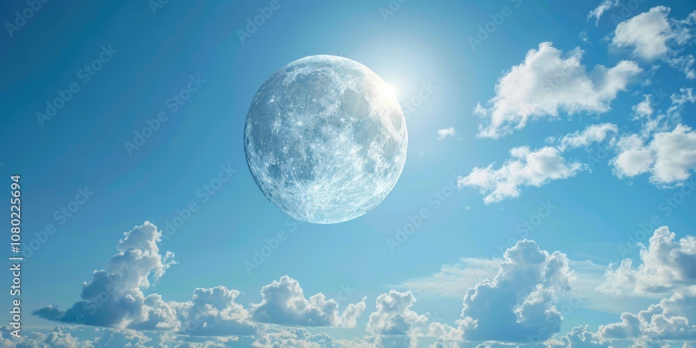 Moon Day. Full Moon in Daylight Sky with Blue Background and Clouds ...