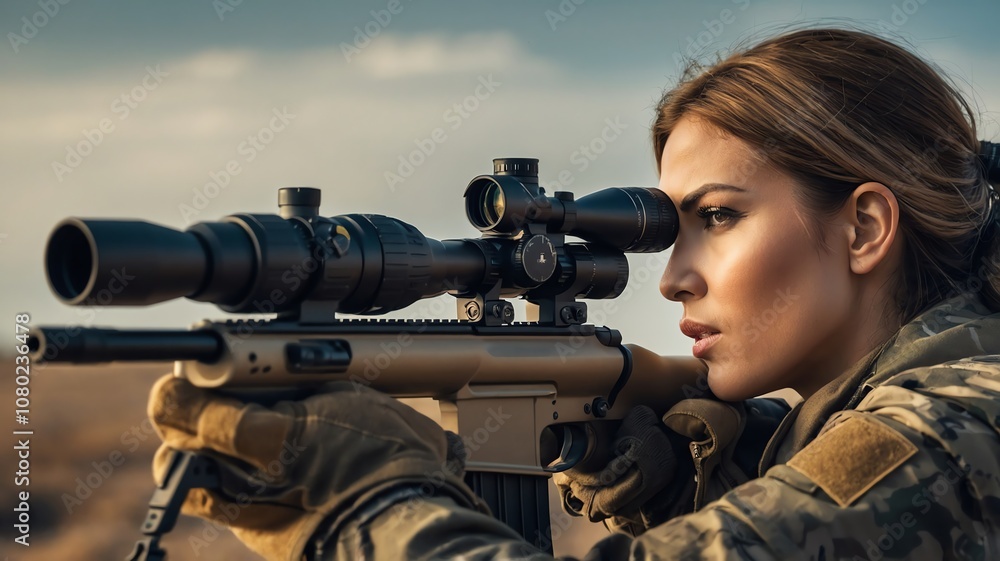 female soldier training during a sunset, focused intently through the ...