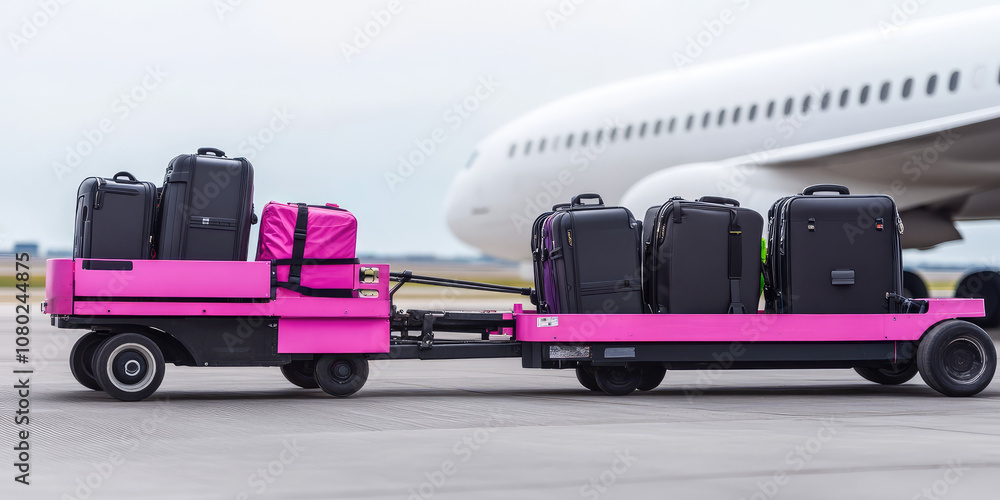 Tow tractor pulling luggage carts at airport apron. Transporting ...