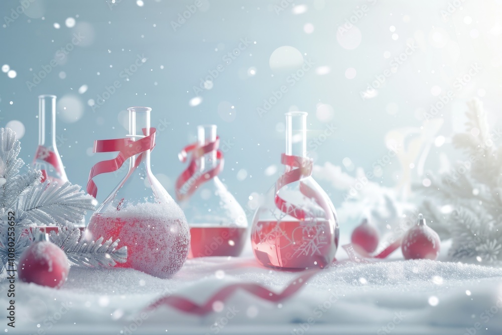 Colorful glass chemical flasks with festive ribbons sit on a snowy ...