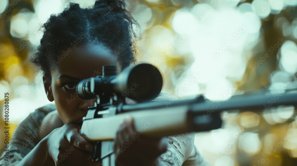 Dark-skinned woman aiming through a sniper rifle scope in a prone ...