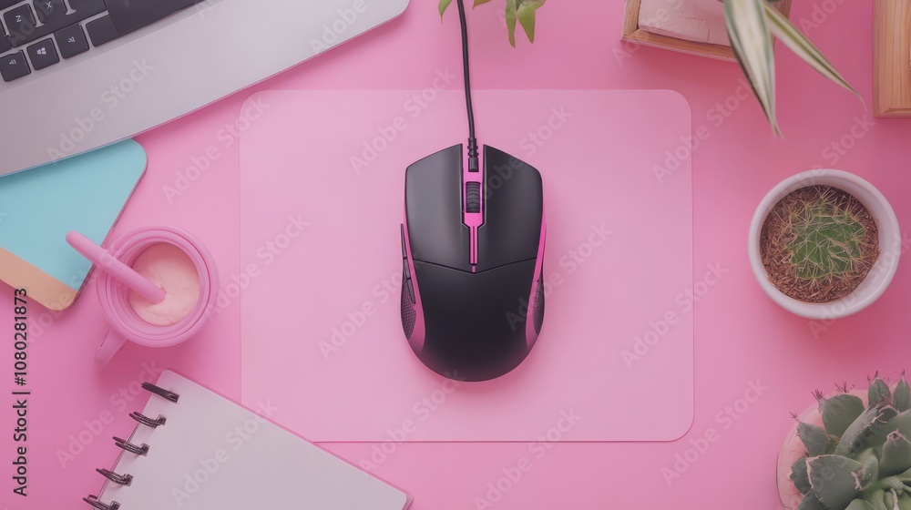 Pink Desk Setup with Mouse: A flat lay showcasing a minimalist pink ...